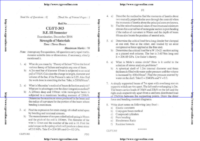 Ce FT 303 Strength of Materials Dec 2016 | PDF