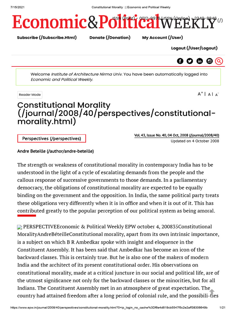 Constitutional Morality - Economic and Political Weekly | PDF ...
