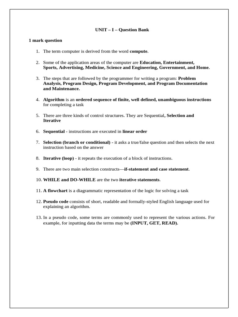 Question Bank UNIT I | PDF | Computer Program | Programming Question Bank UNIT I | PDF | Computer Program | Programming