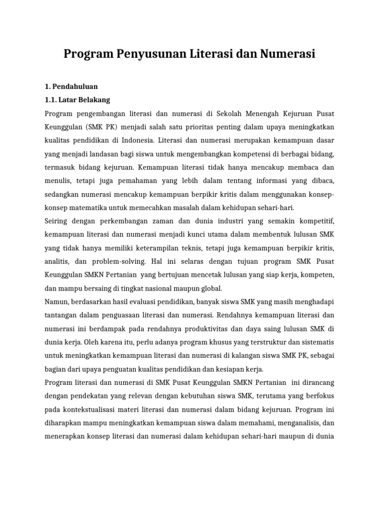 Dokumen Program Penyusunan Literasi Dan Numerasi SMK PK | PDF