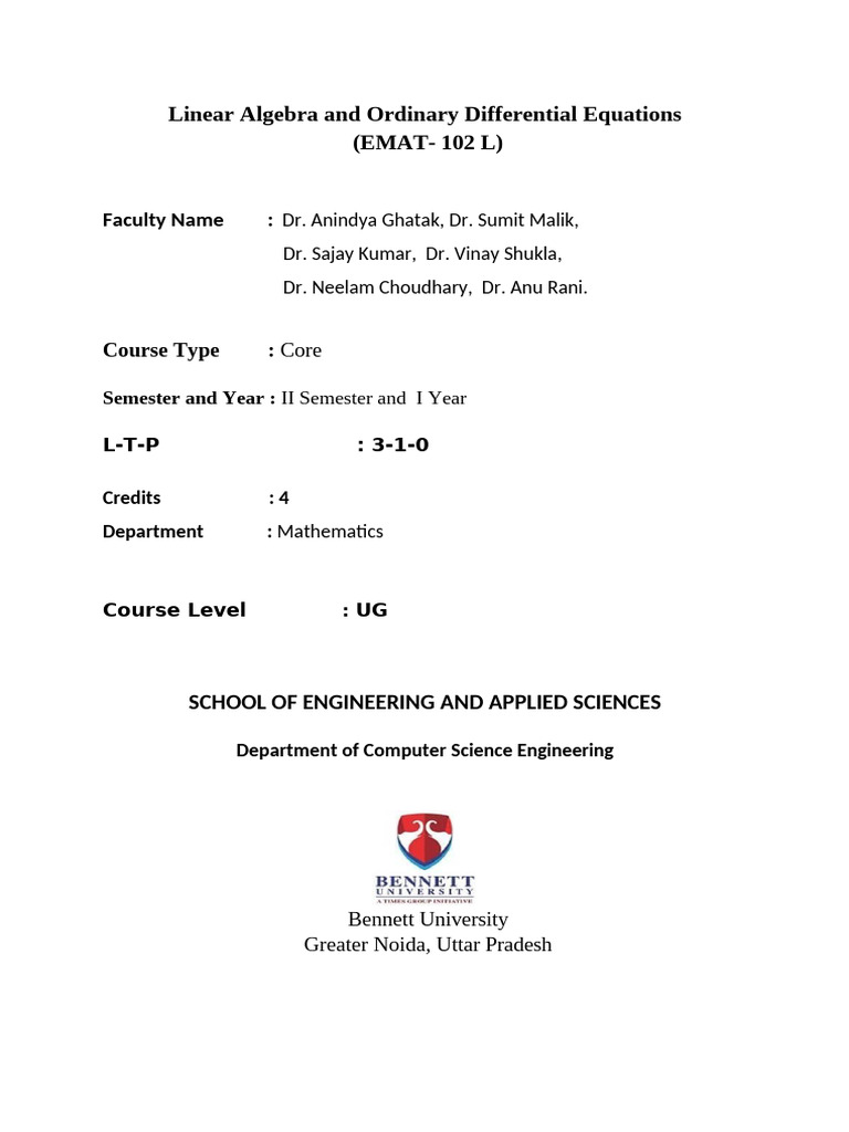 Course Handout EMAT-102L | PDF | Matrix (Mathematics) | Eigenvalues And Eigenvectors