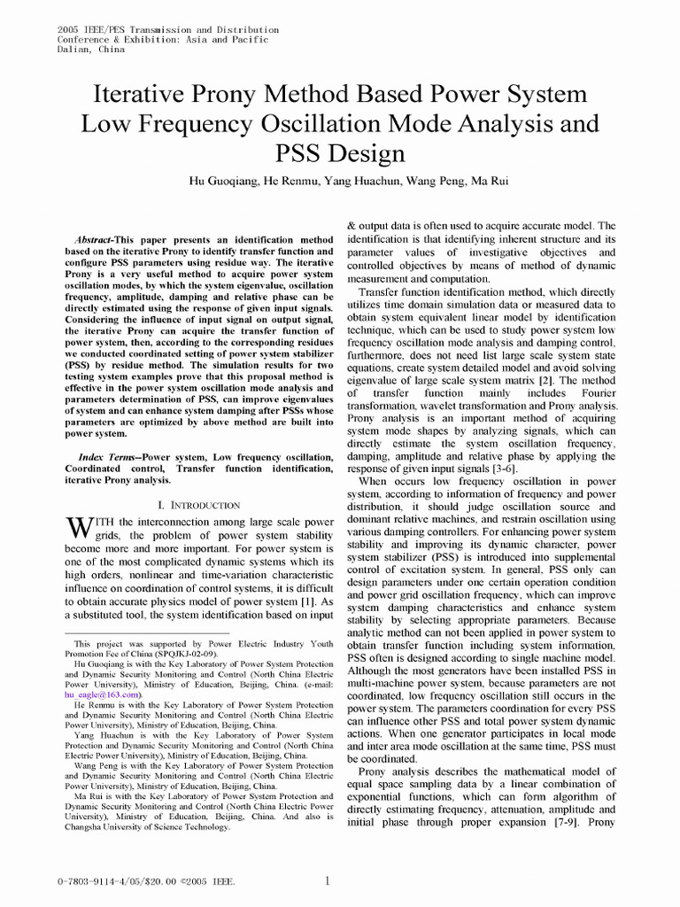 2006 Iterative Prony Method Based Power System Low Frequency Oscillation Mode Analysis and PSS ...