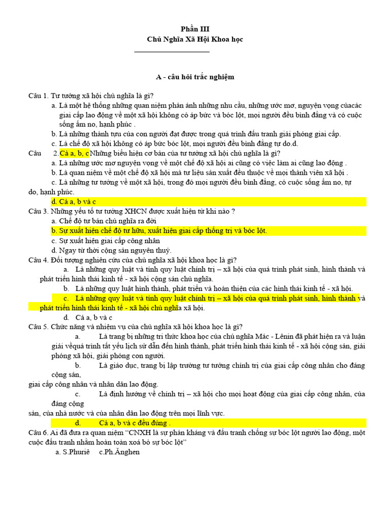 Bo Cau Hoi Trac Nghiem Mon Chu Nghia Xa Hoi Khoa Hoc Co Dap An 40606 | PDF