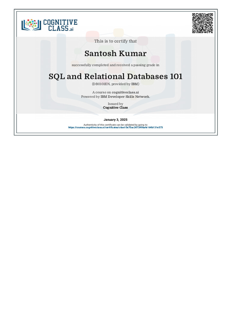 IBM DB0101EN Certificate _ Cognitive Class | PDF