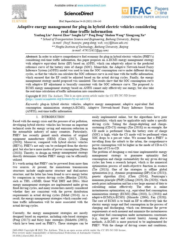 Adaptive energy management for plug-in hybrid electric vehicles considering real-time traffic ...