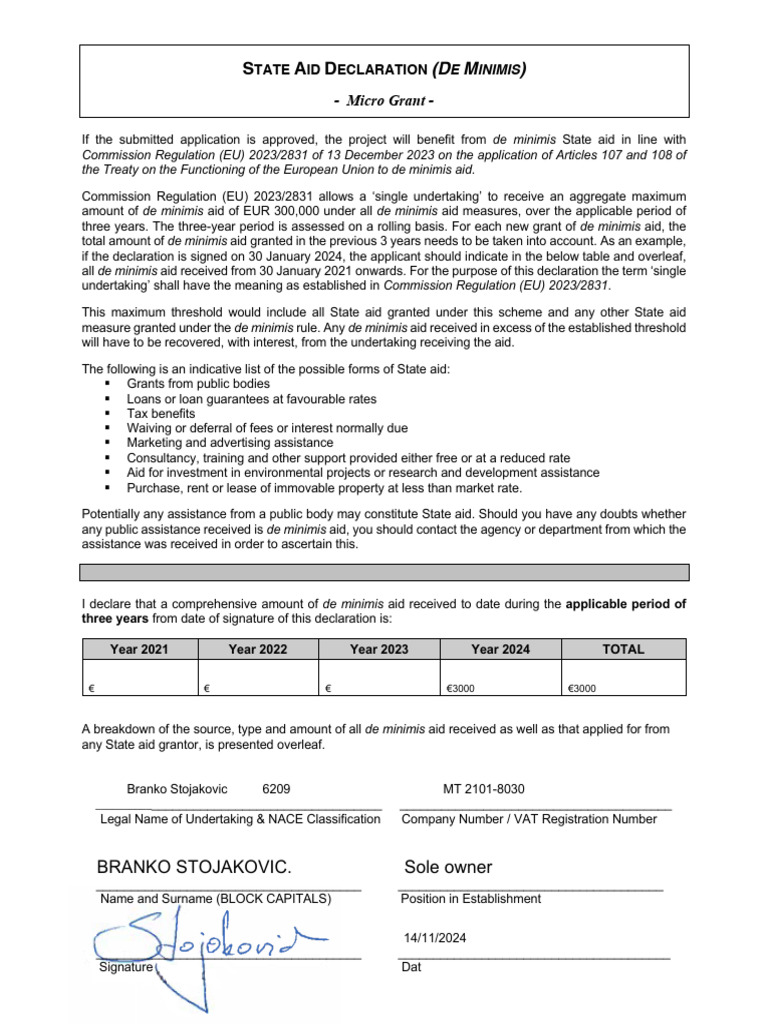 De Minimis State Aid Declaration Form | PDF
