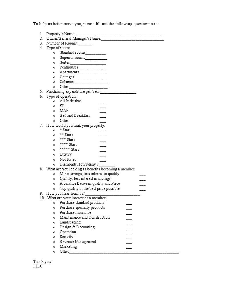 Hotel Membership Questionnaire Form | PDF