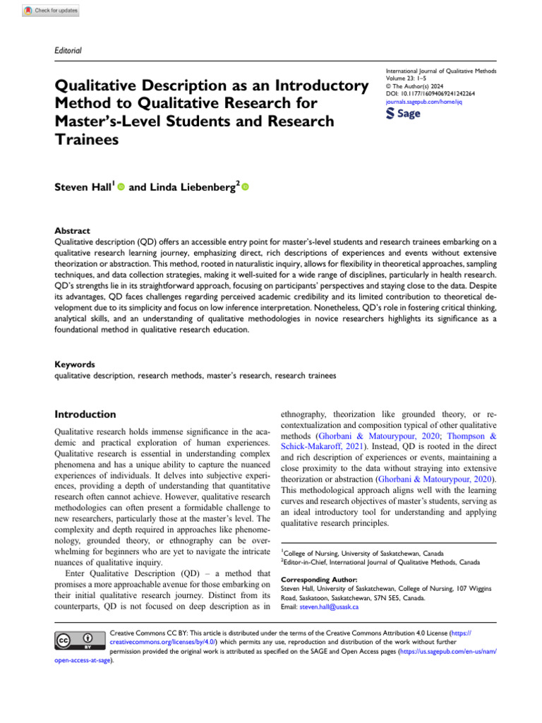 Hall Liebenberg 2024 Qualitative Description As An Introductory Method ...