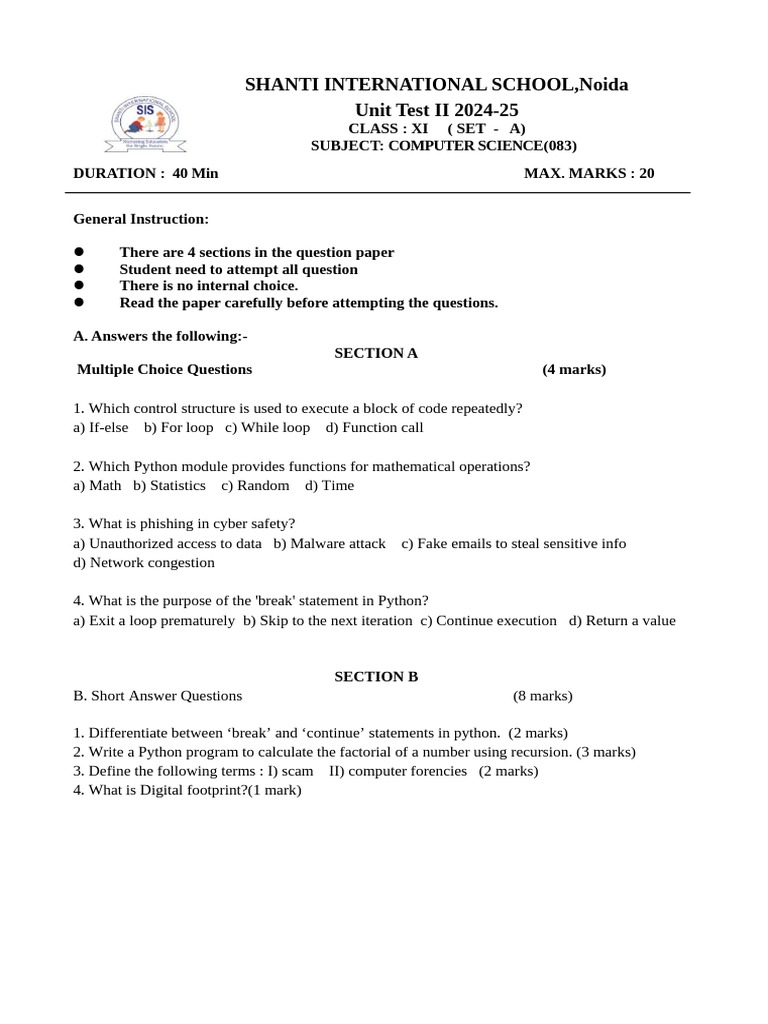 Class Xi Cs Ut-II Set A | PDF