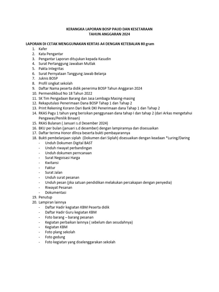 Kerangka Laporan BOSP PAUD 2024 | PDF
