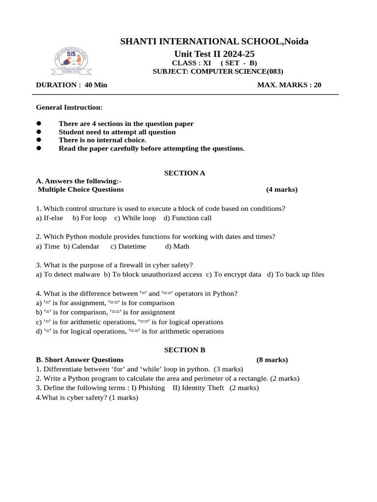 Class Xi Cs Ut Ii Set B Pdf Control Flow Python Programming