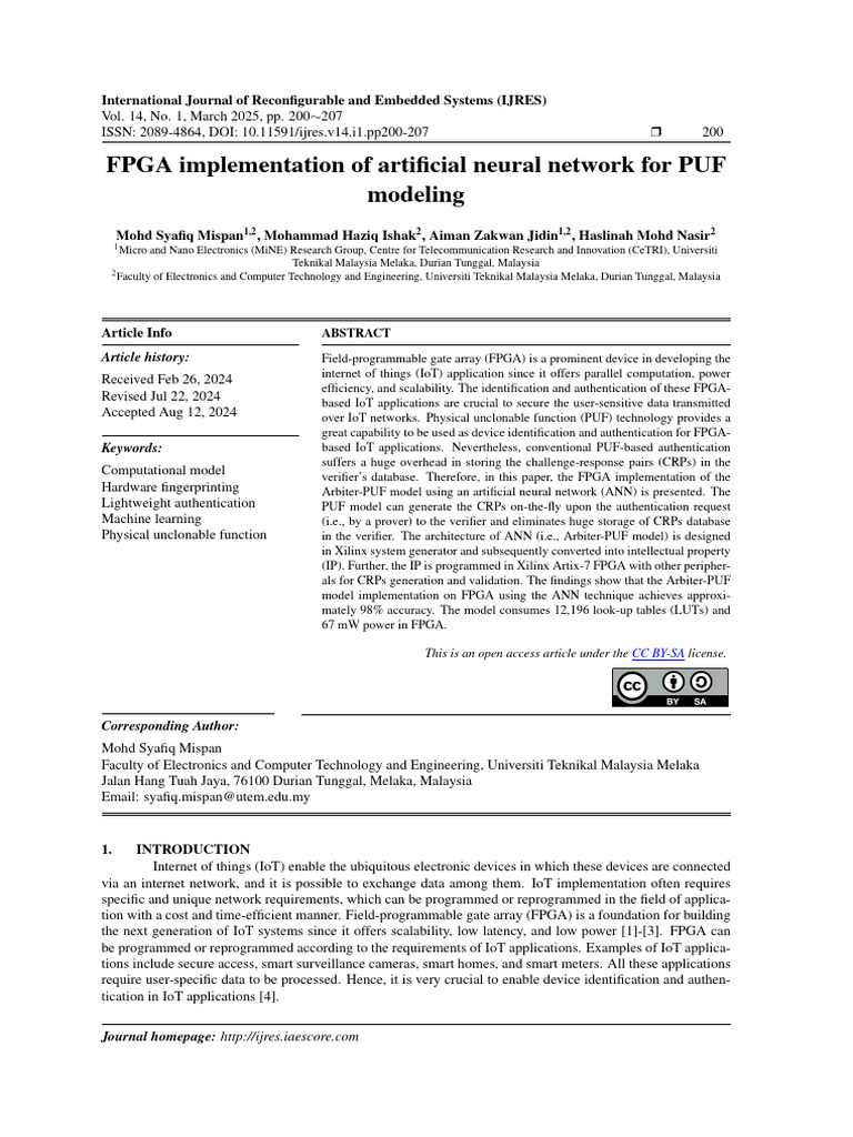 Fpga Implementation Of Artificial Neural Network For Puf Modeling Pdf Field Programmable