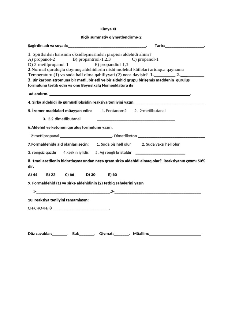 Kimya 11 Ci Sinif Ksq-2 | PDF