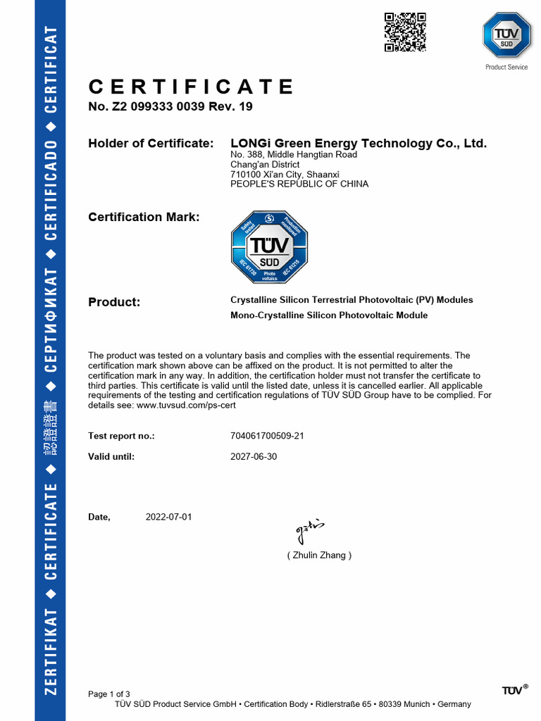 TÜV SÜD Certification for PV Modules | PDF | Energy Conversion ...