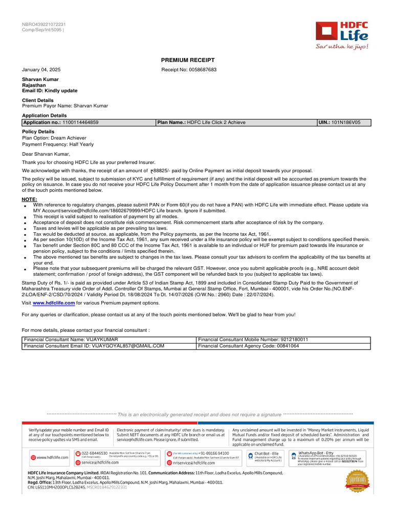 HDFC Life Premium Receipt for Sharvan Kumar | PDF | Insurance | Life ...