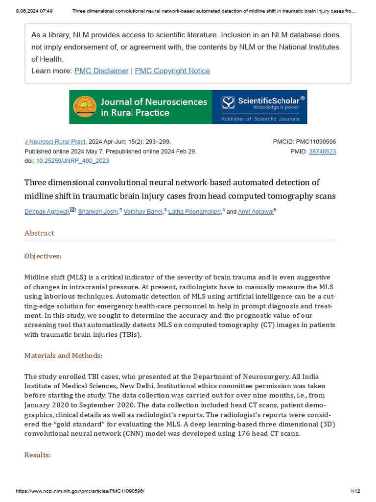 2024 - Three Dimensional Convolutional Neural Network-Based Automated Detection of Midline Shift ...