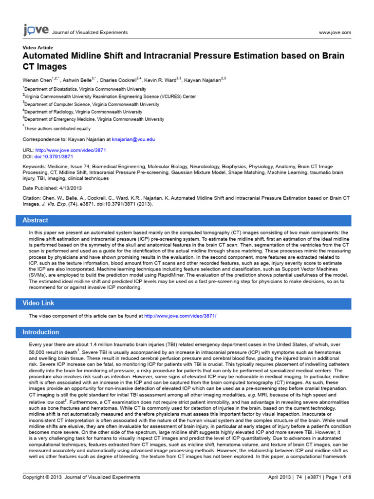 2013 - Automated Midline Shift and Intracranial Pressure Estimation Based On Brain CT Images ...