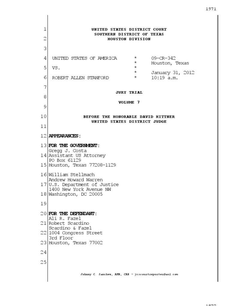 Allen Stanford Criminal Trial Transcript Volume 7 Jan. 31, 2012 ...