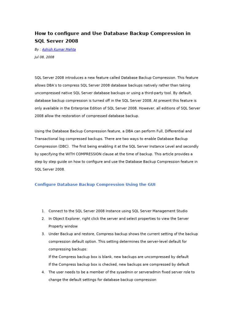 How To Configure and Use Database Backup Compression in SQL Server 2008 | PDF | Microsoft Sql ...