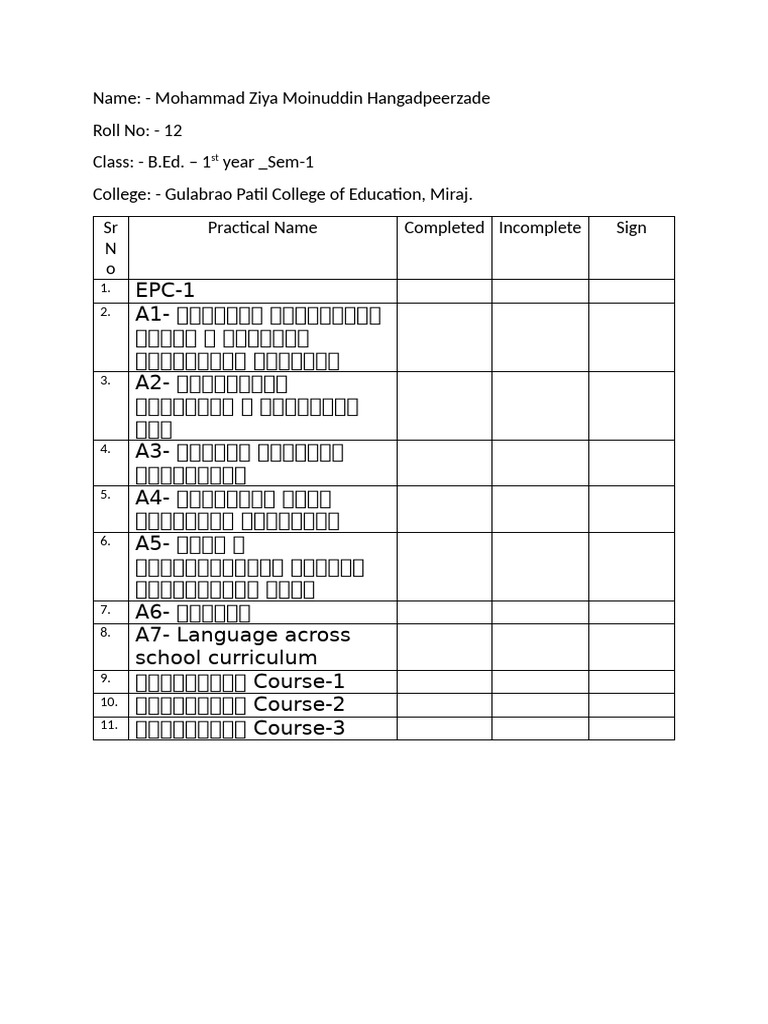 B.ed Practicals Index-1st Year_Sem1 | PDF
