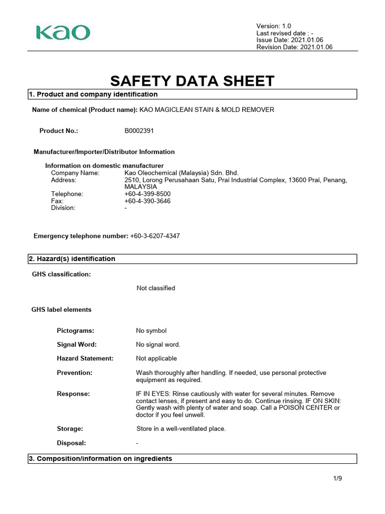 MSDS Kao Magiclean | PDF | Toxicity | Firefighting