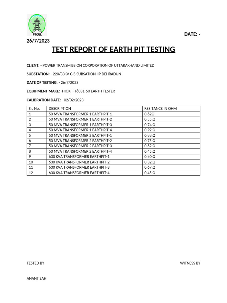 Earth Pit Testing Report - Dehradun | PDF