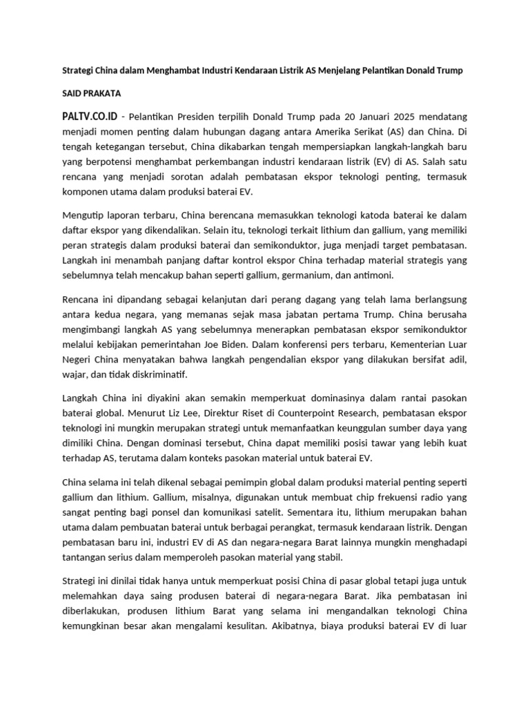 06 SAID Strategi China dalam Menghambat Industri Kendaraan Listrik AS Menjelang Pelantikan ...