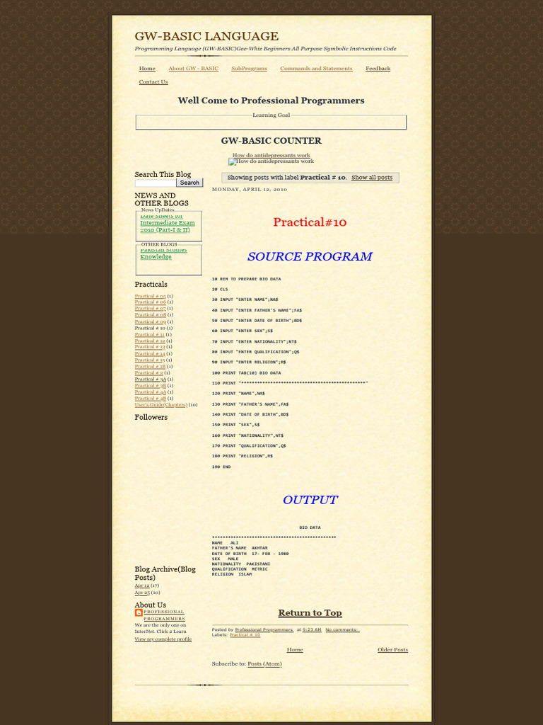 GW-BASIC LANGUAGE - Practical # 10 | PDF | Basic | Information Technology