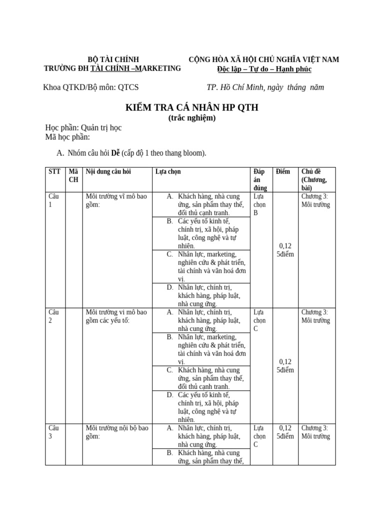 Bản Sao ĐÁP ÁN ĐỀ SỐ 3 QTH-TRẮC NGHIỆM | PDF