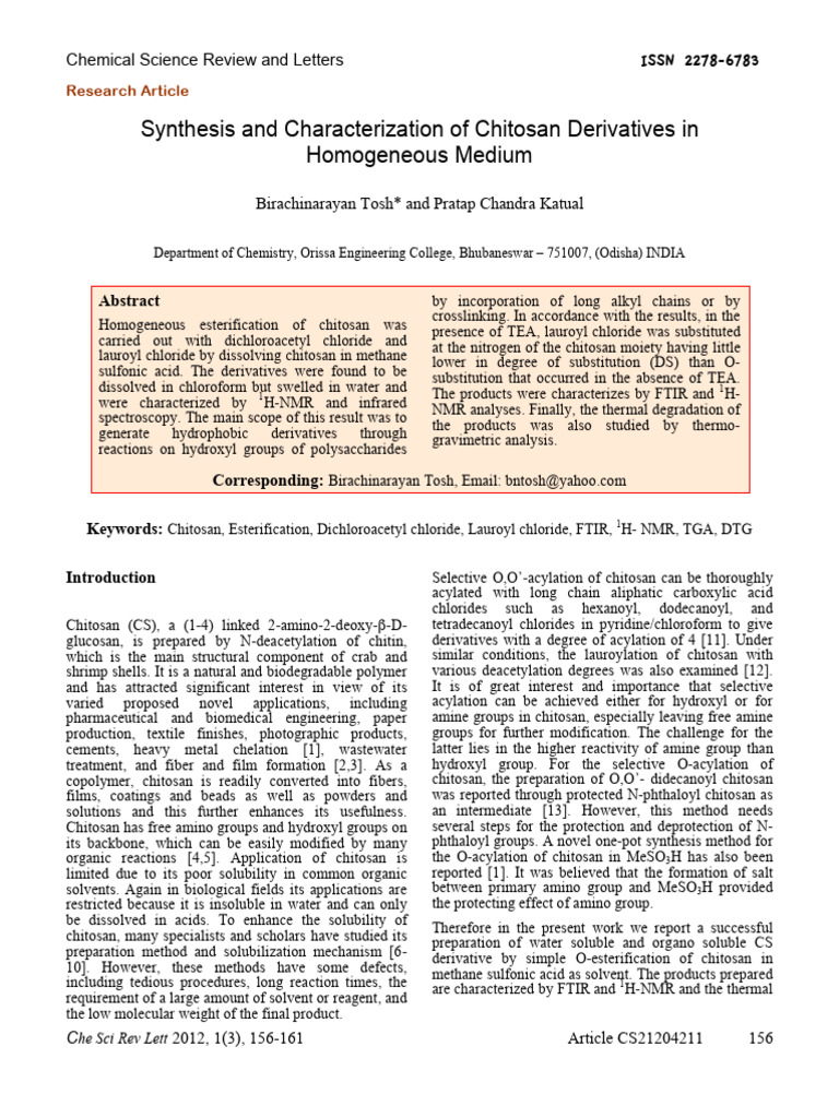 Chem Sci Rev Lett Chitosan | PDF | Ester | Proton Nuclear Magnetic ...