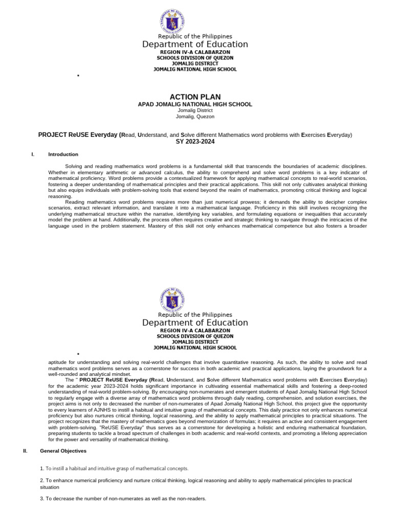 Action-Plan-PROJECT ReUSE Everyday | PDF | Mathematics | Critical Thinking