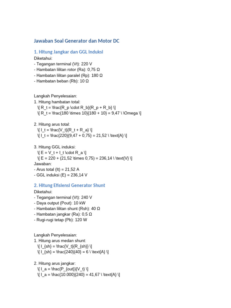 Jawaban Soal Generator Motor DC Rumus Gambar | PDF