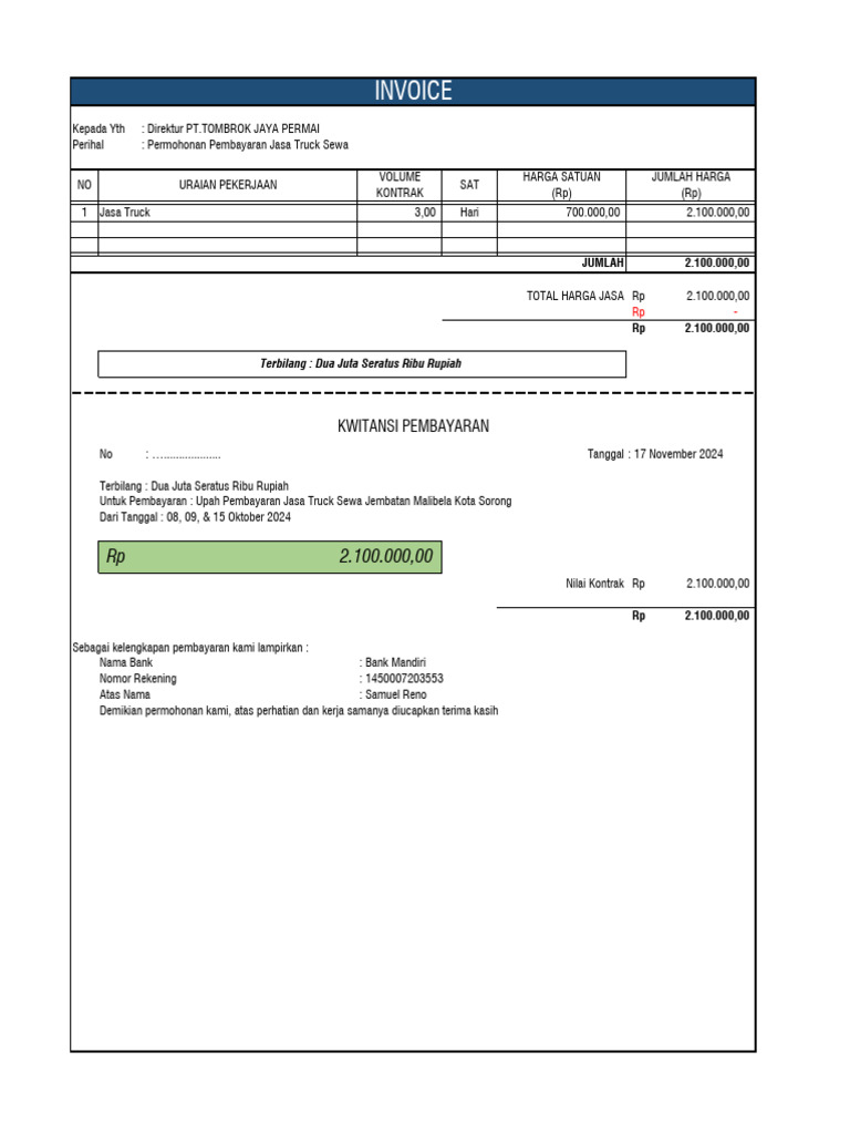 Invoice Sewa Truk Samuel Reno | PDF