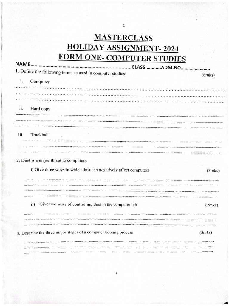 F1 Computer Studies Holiday Assignment | PDF