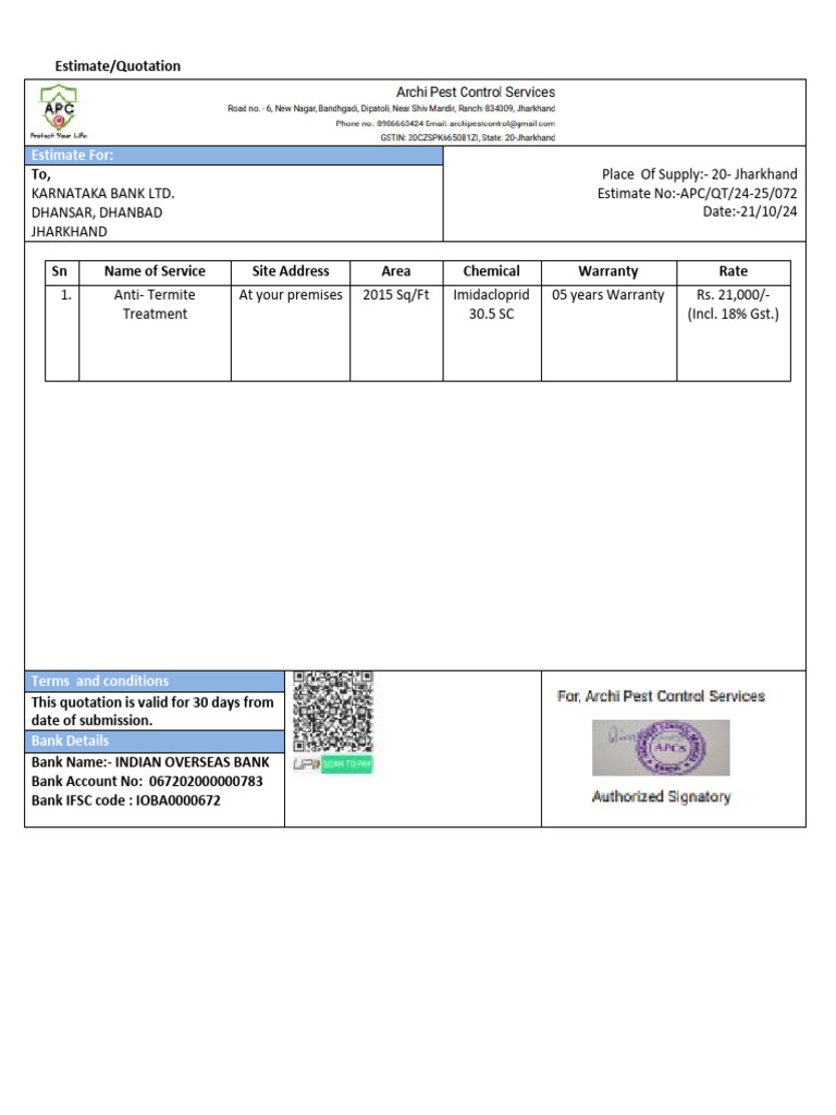 Anti-Termite Treatment Estimate Jharkhand | PDF