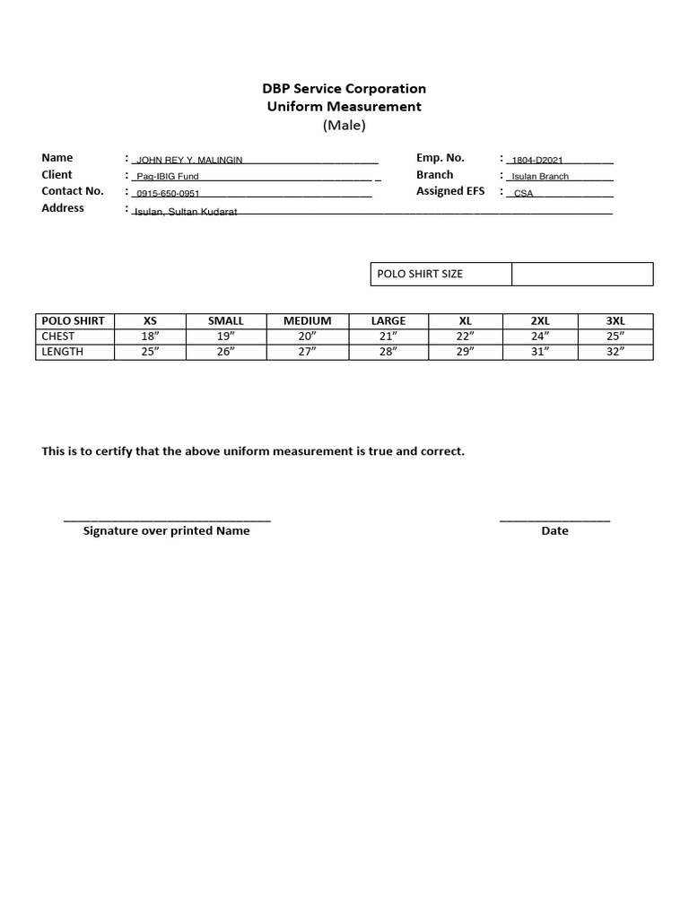 HDMF PROVINCIAL Uniform Measurement (Male) 2024 | PDF