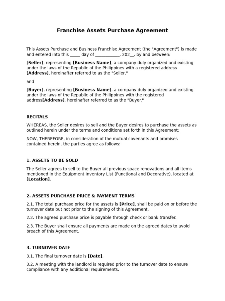 Franchise Assets Purchase Agreement Template | PDF | Prices | Procurement