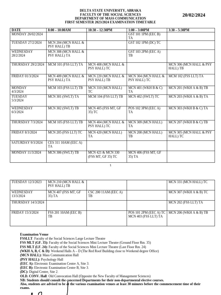 First Semester Exam Timetable (2023-2024 Session) 21-02-2024 | PDF