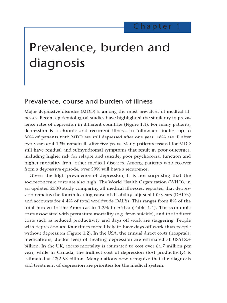Chapter 1 - Prevalence, Burden and Diagnosis | PDF | Major Depressive Disorder | Mood Disorders
