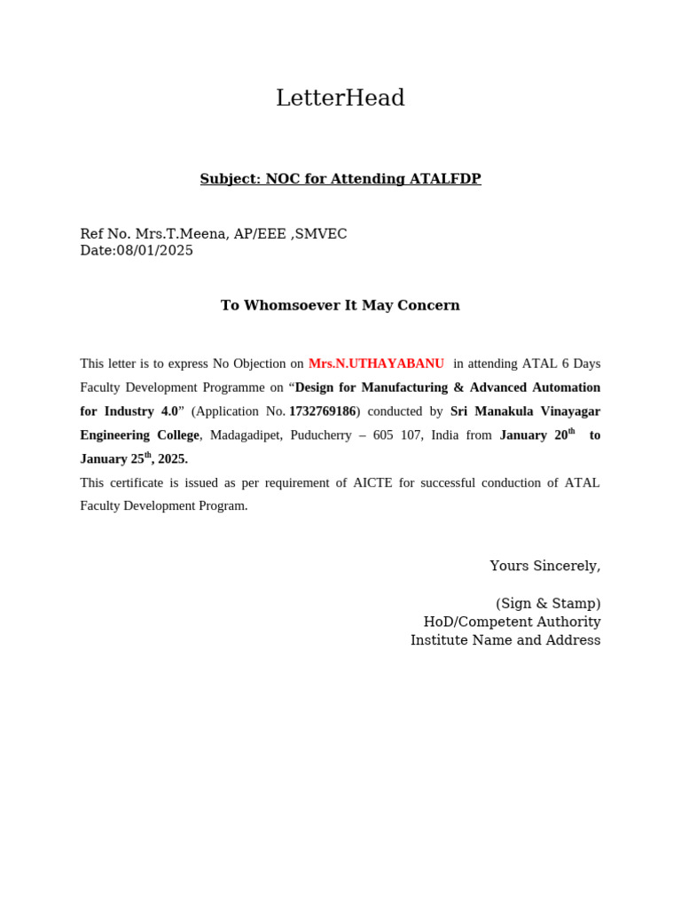 NOC for ATAL FDP | PDF