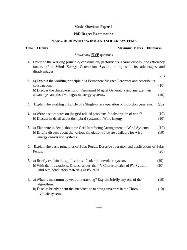 PhD Model Paper: Wind & Solar Systems 2025 | PDF