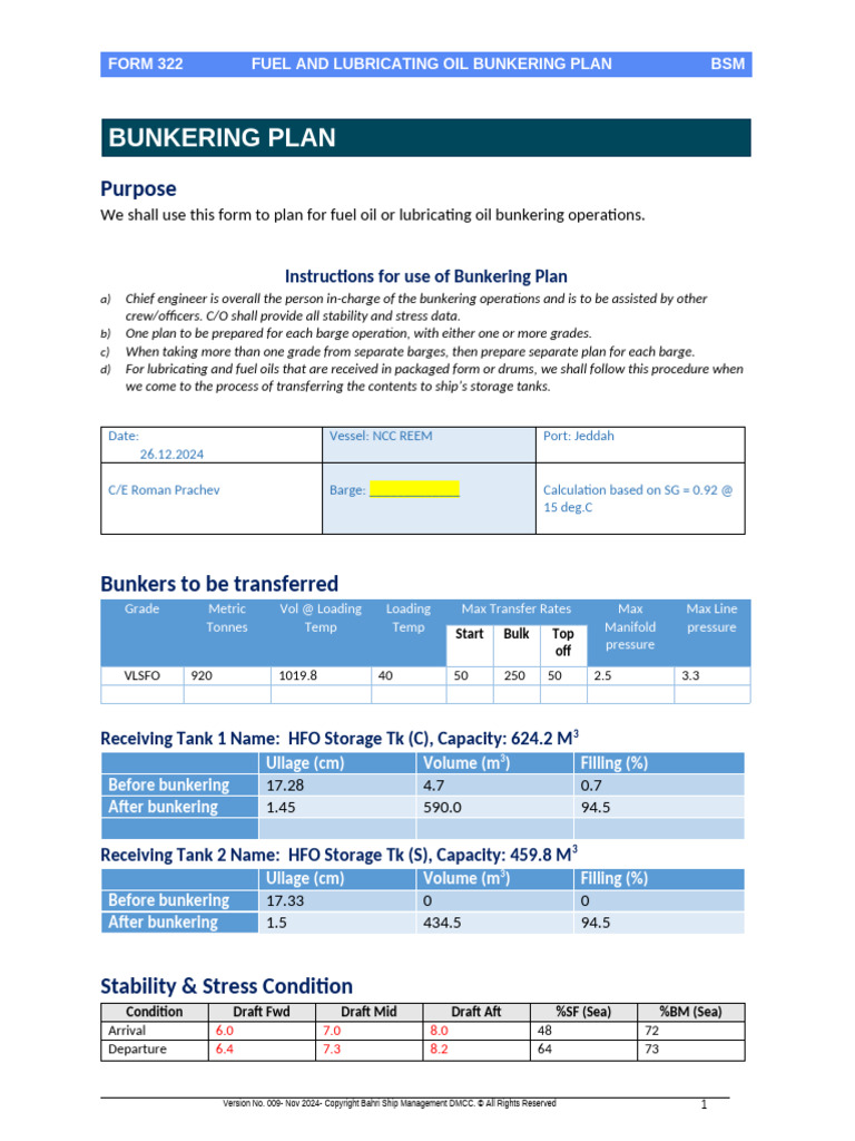 Form 322 - Fuel Oil and Lubricating Oil Bunkering Plan - NCC REEM | PDF ...