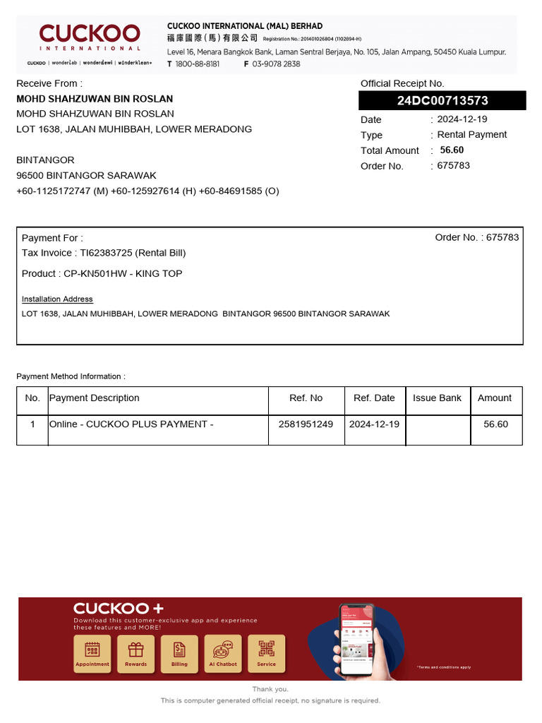 Official Rental Payment Receipt 2024 | PDF