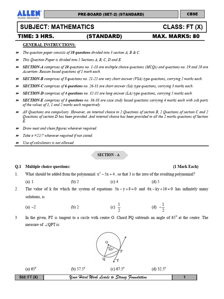 FT (10th) Maths Pre-Board Set-2 (Standard) | PDF | Circle | Elementary Geometry