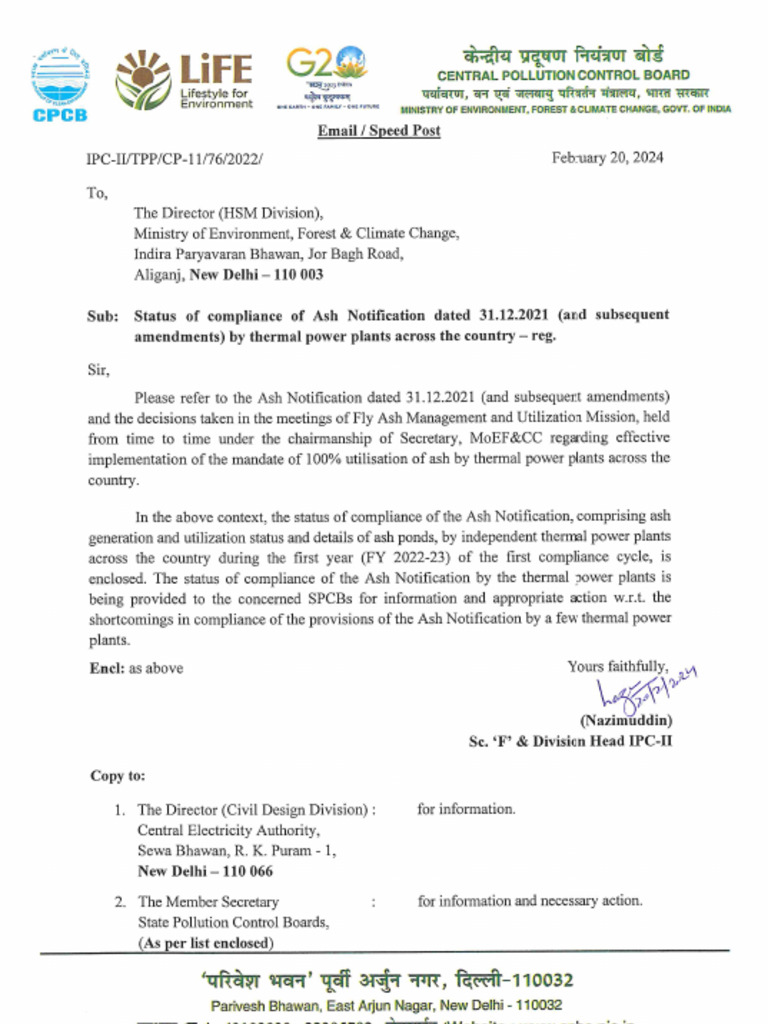 CPCBs Letter Dated 20-02-2024 To MoEFCC, CEA and SPCBs | PDF | Power ...