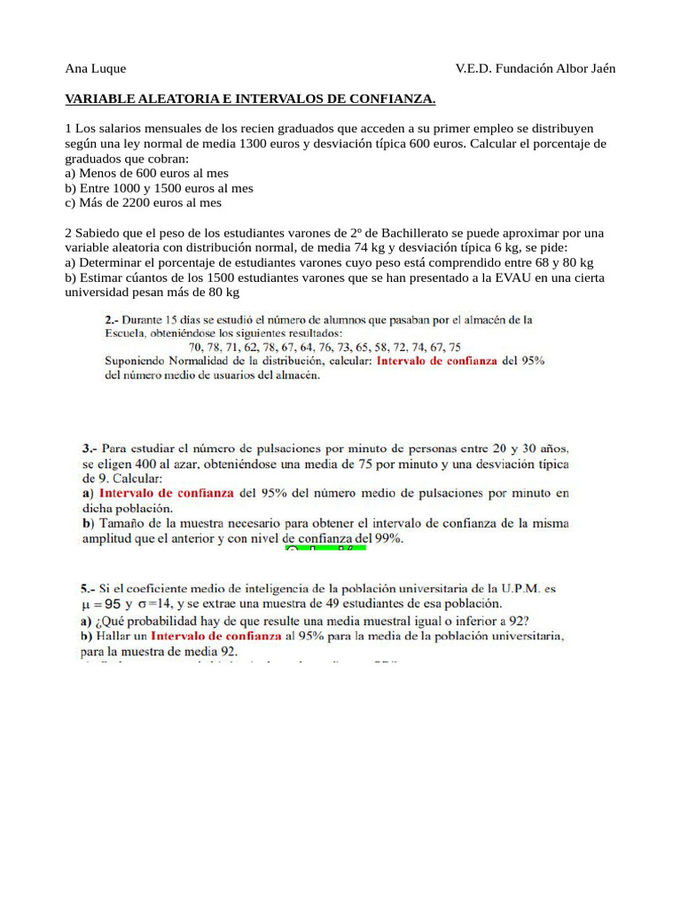Ejercicis Repaso Variable Aleatorio e Intervalos de Confianza | PDF