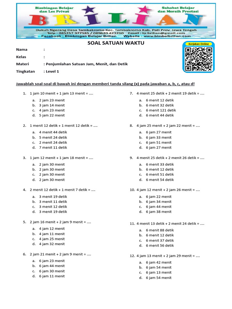 Soal Penjumlahan Satuan Jam Level 1 | PDF
