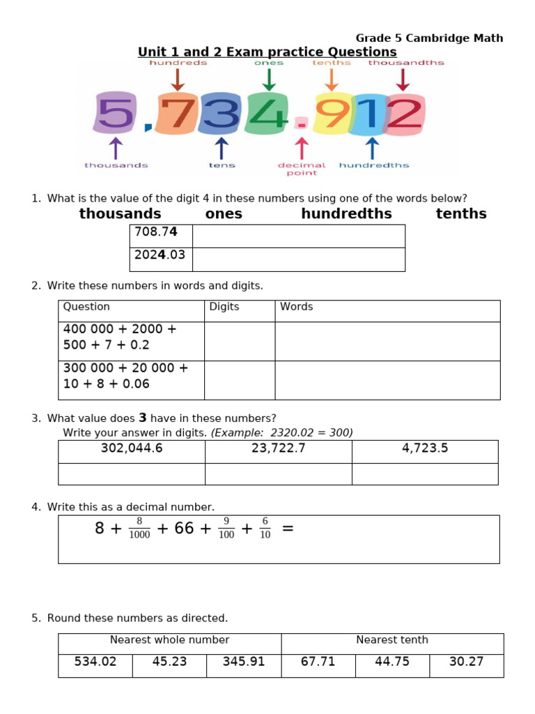G5 Maths Units 1 &2 Revision Questions | PDF | Elementary Mathematics | Mathematical Notation