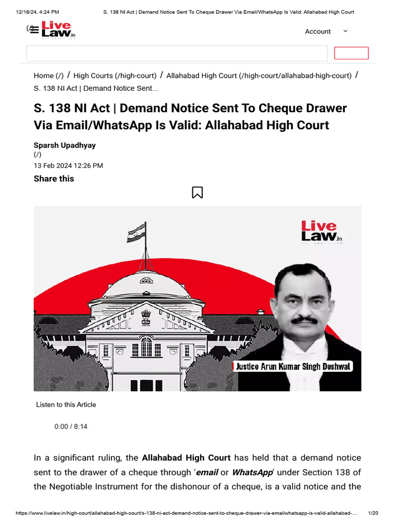 S. 138 NI Act - Demand Notice Sent To Cheque Drawer Via Email ...