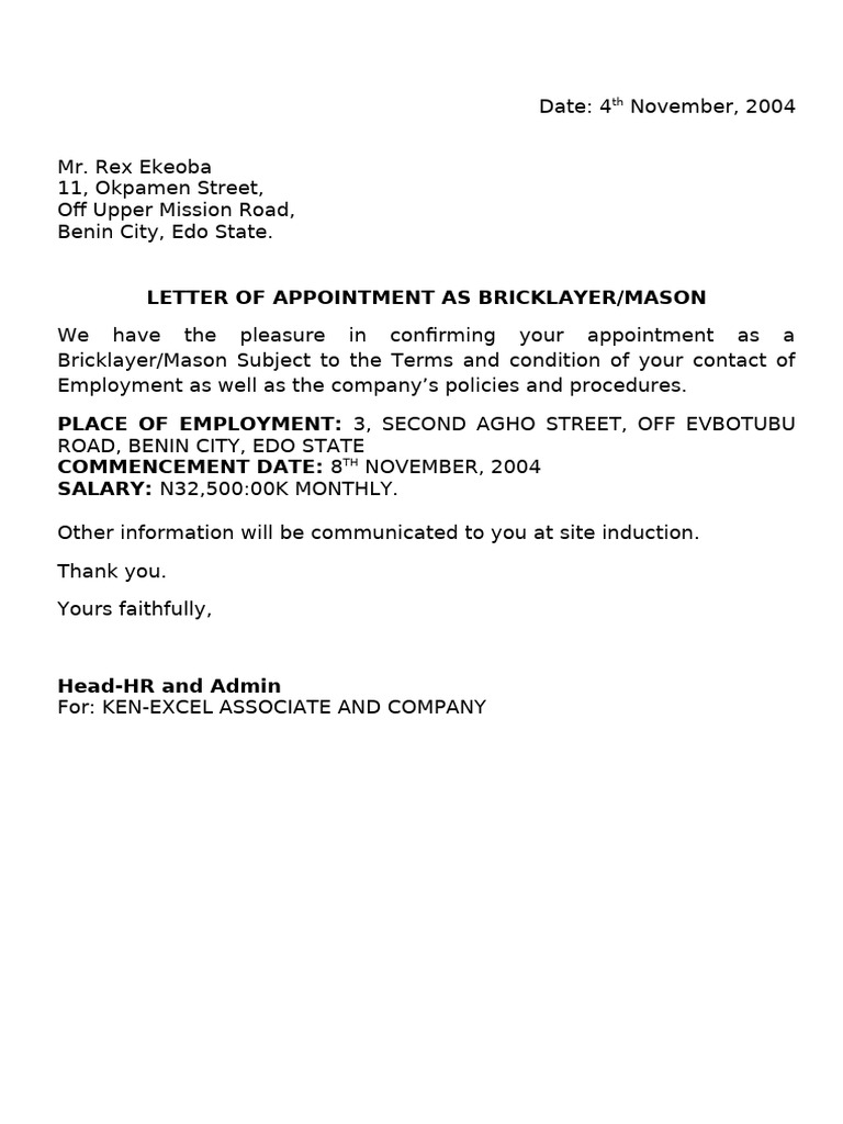 Appointment Letter for Bricklayer Position | PDF